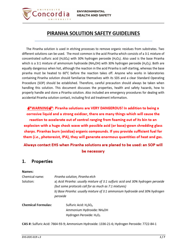 EHS DOC 019 PiranhaSolutionSafetyGuidelines | PDF | Hydrogen Peroxide | Sulfuric Acid