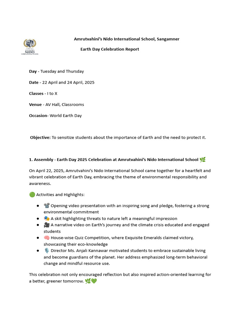 Earth Day 2025 Celebration at Nido School | PDF
