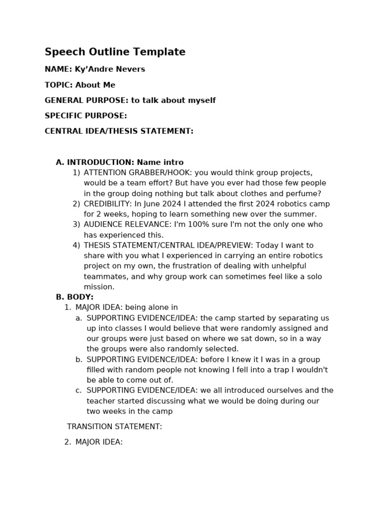 Speech Outline for Personal Experience | PDF