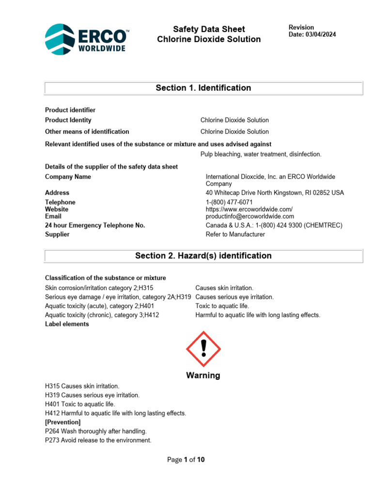ENG US Erco Chlorine Dioxide Solution 1 | PDF | Toxicity | Environmental Science