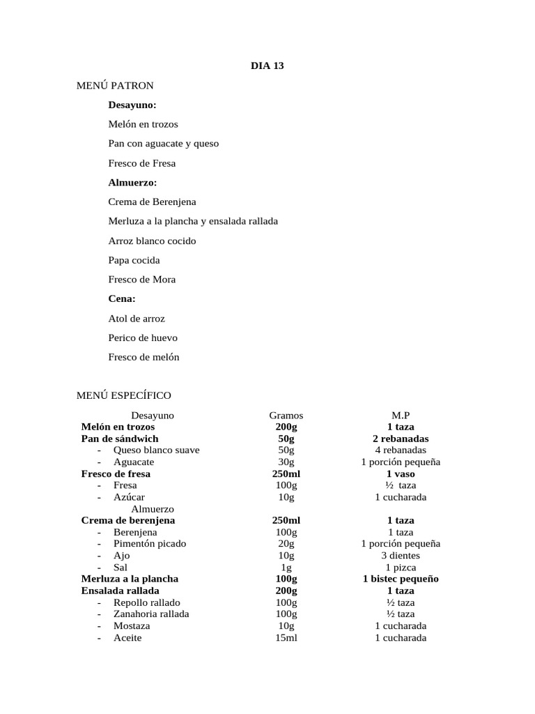 Menú Patrón Nutricional Día 13 y 14 | PDF | Alimentos | Cocina