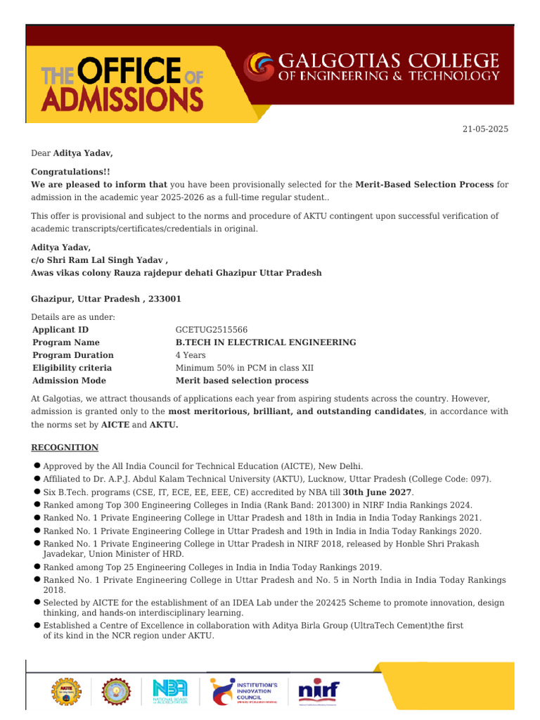 Admission Offer for B.Tech Electrical Engineering | PDF | Payments