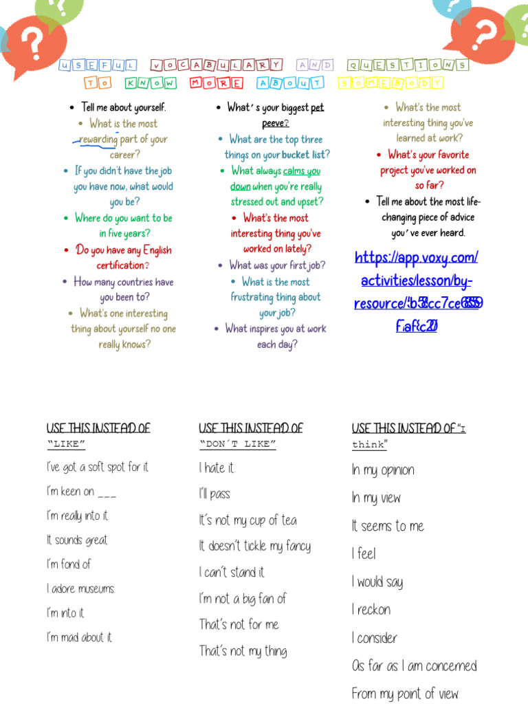 Useful Vocabulary and Questions To Know More About Somebody | PDF