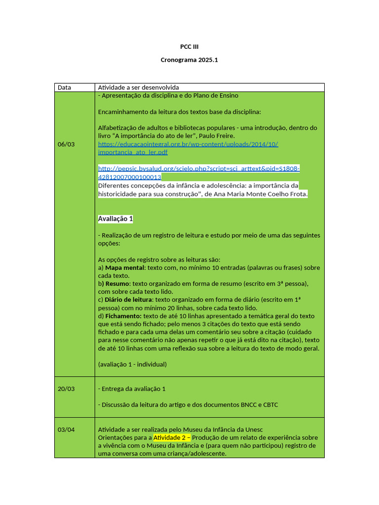 Cronograma PCC III 2025.1. | PDF | Abstract (resumo) | Alfabetização