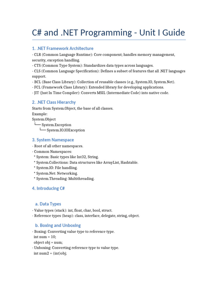 CSharp NET Unit1 Guide | PDF
