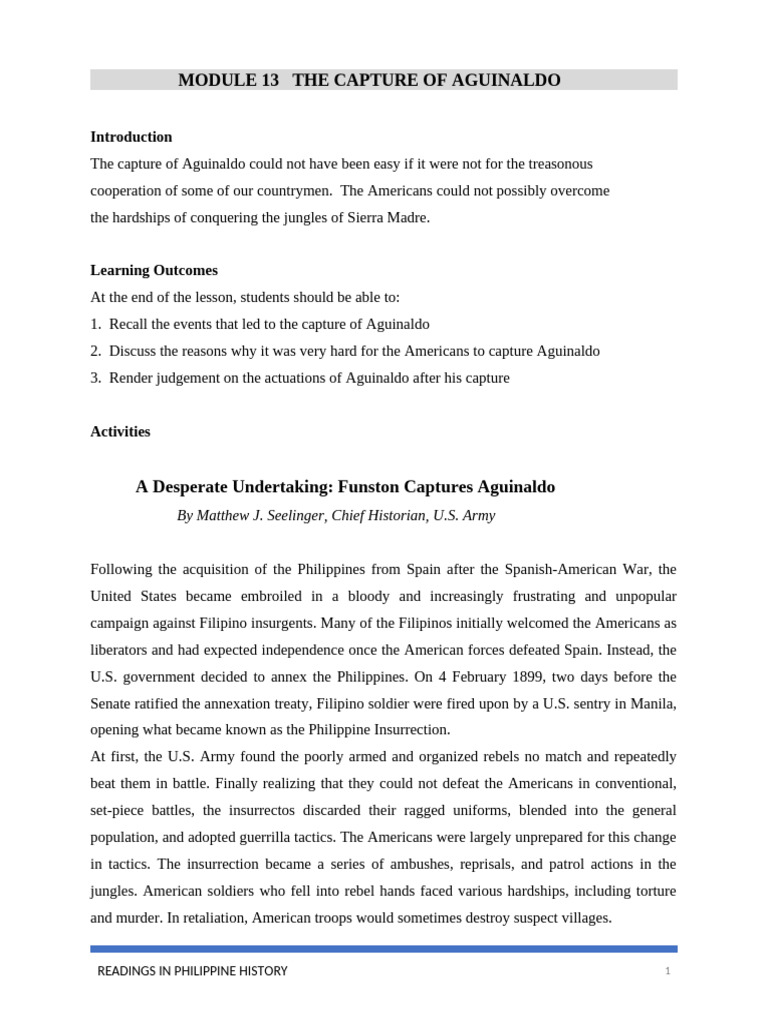 Module 13 The Capture of Aguinaldo 1 | PDF | Military