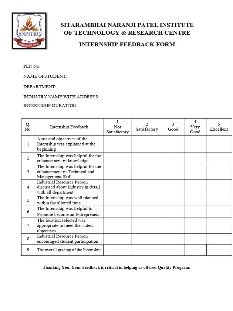 Internship Feed Back Form W24 | PDF