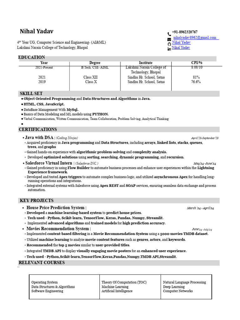 NIhal Resume | PDF | Machine Learning | Computer Programming