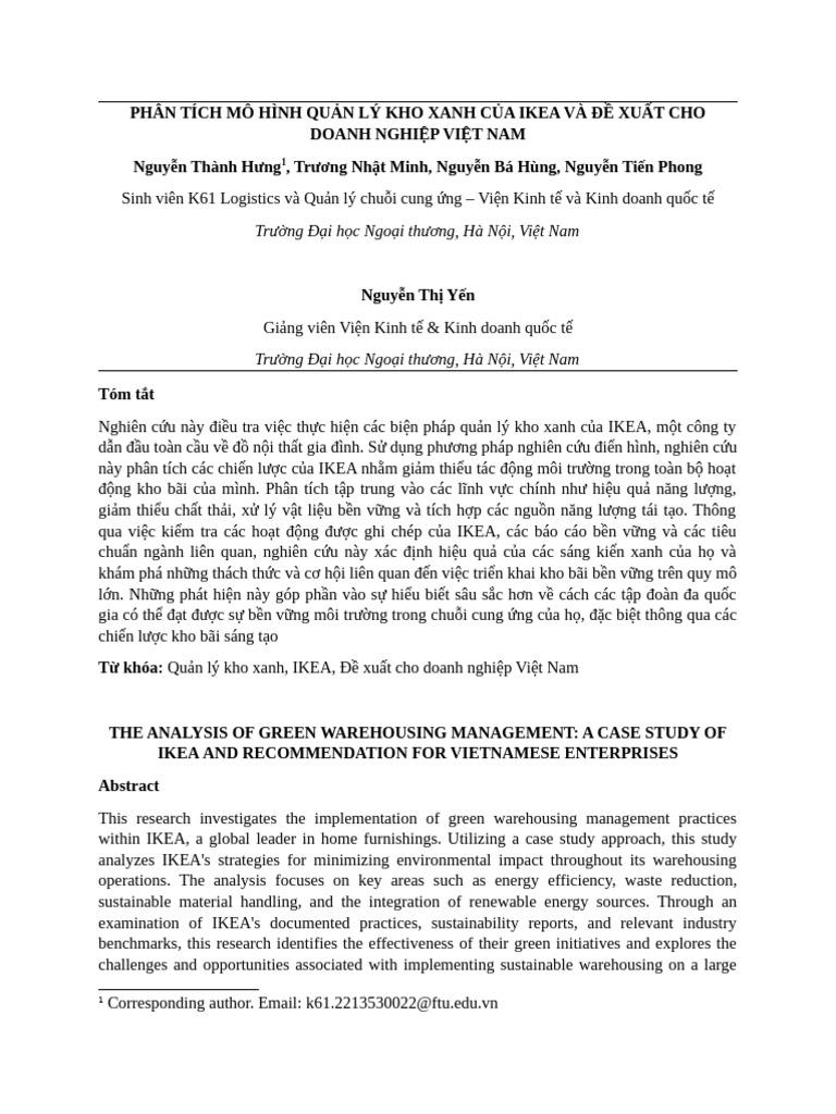 Bản Thảo the Analysis of Green Warehousing Management a Case Study of Ikea and Recommendation ...