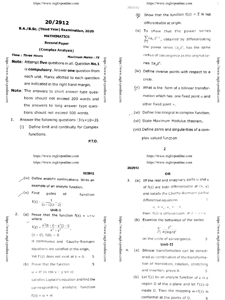 Ba BSC 3 Year Mathematics Complex Analysis 2912 2020 | PDF