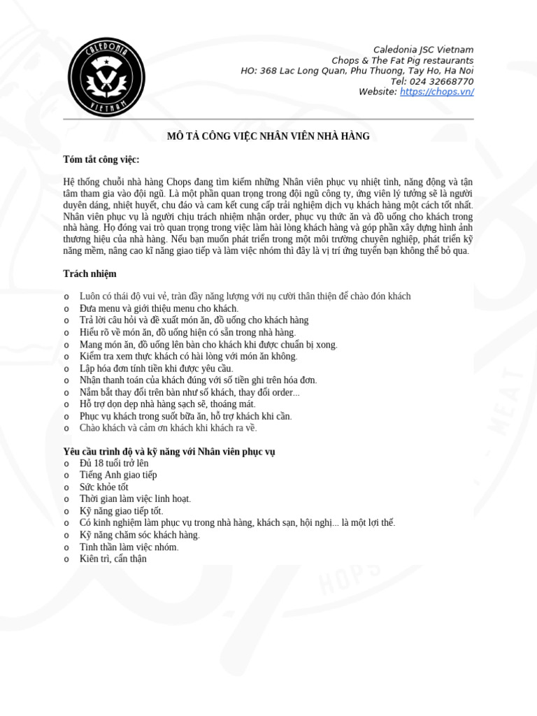 JD Nhân Viên Nhà Hàng V3 | PDF