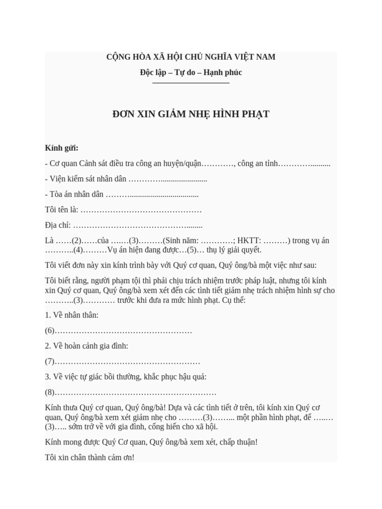 Mau Don Xin Giam Nhe Hinh Phat | PDF