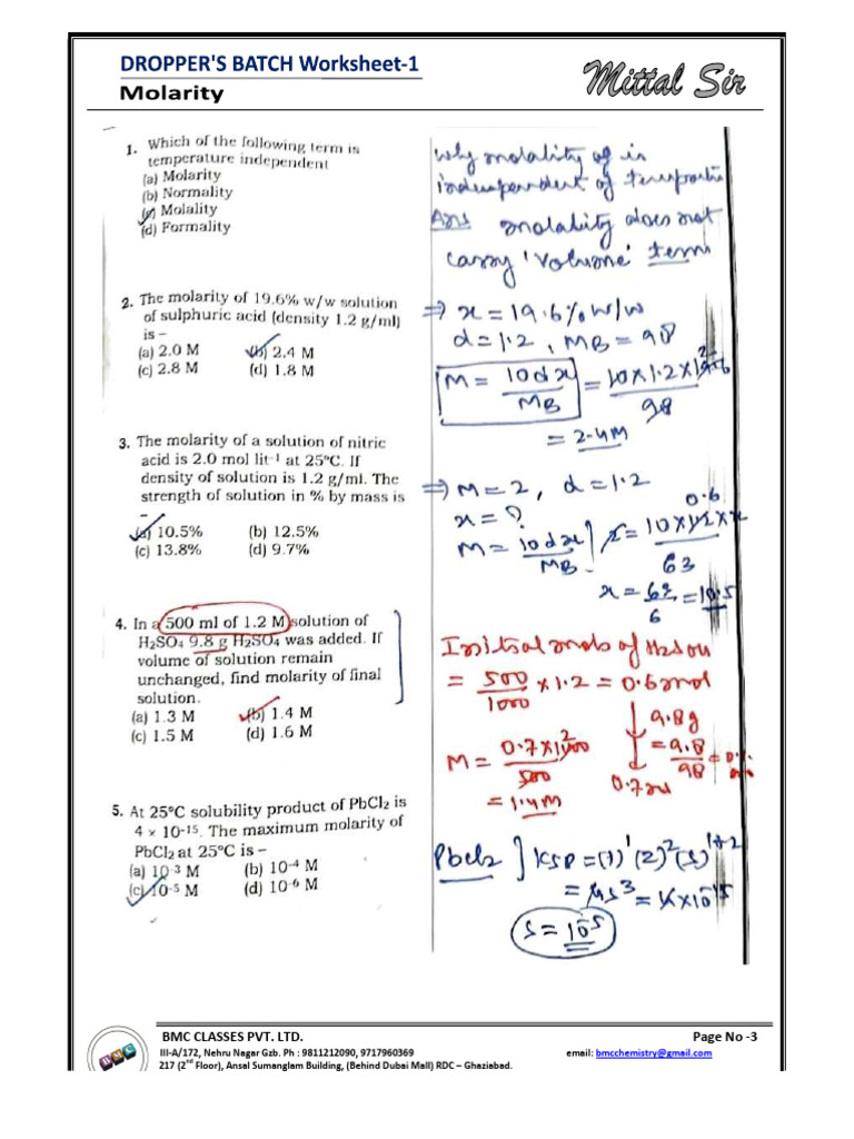 Solution Worksheet-1 Molarity (Dropper Batch) | PDF