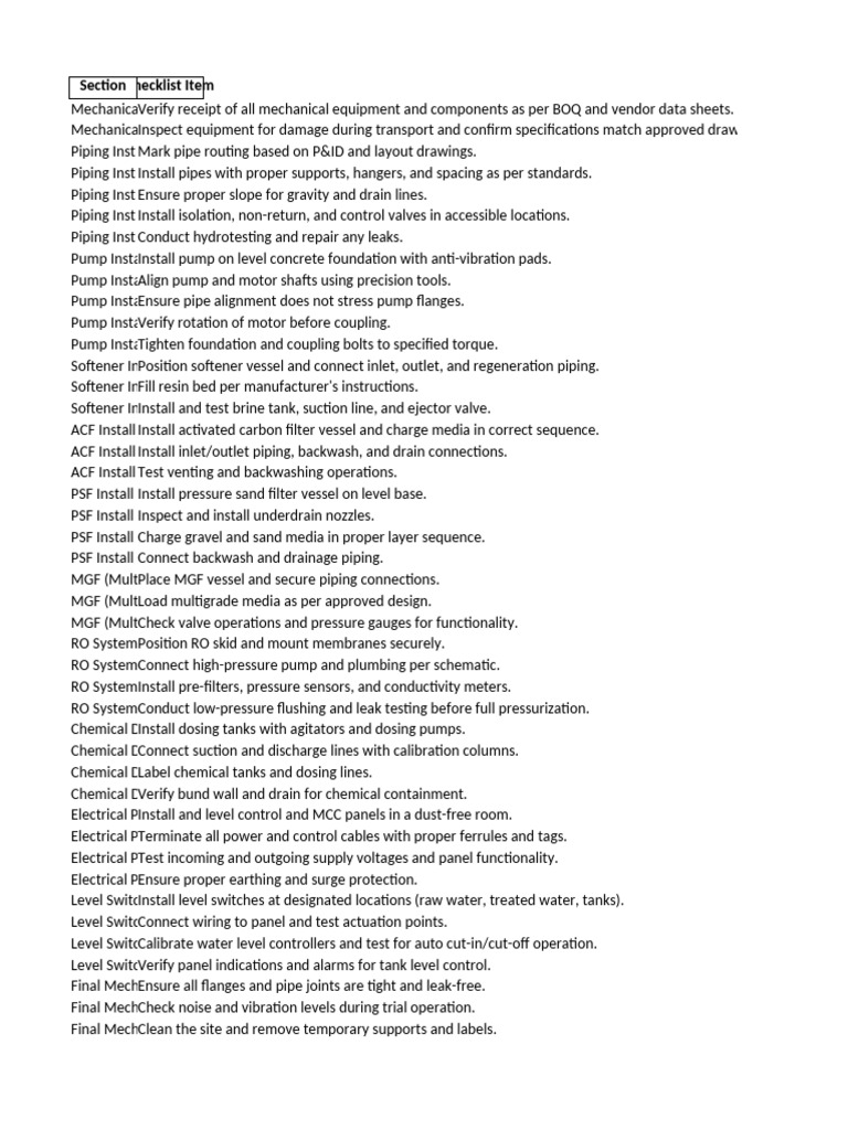 Expanded WTP Mechanical Installation Checklist | PDF | Pump | Pipe ...