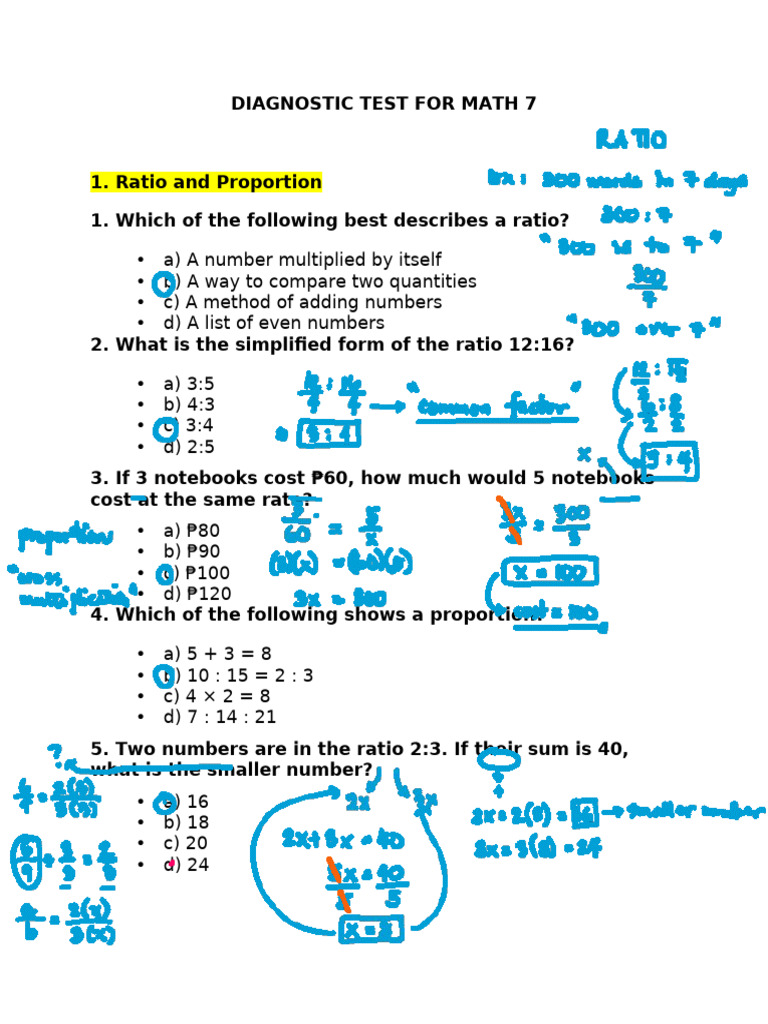 Math 7 Diagnostic Test Questions | PDF | Area | Geometric Shapes