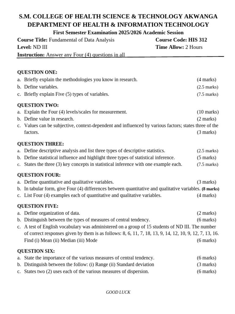 HIS 312: Data Analysis Exam Guide | PDF | Statistics | Quantitative ...