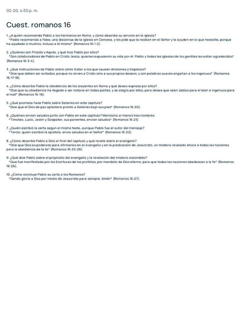Cuest. Romanos Cap 16 | PDF