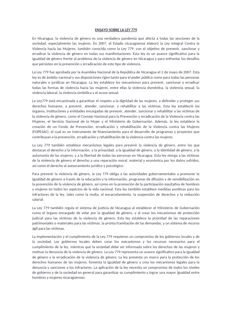 ENSAYO SOBRE LA LEY 779-Nicaragua | PDF | La violencia contra las mujeres | Mujer