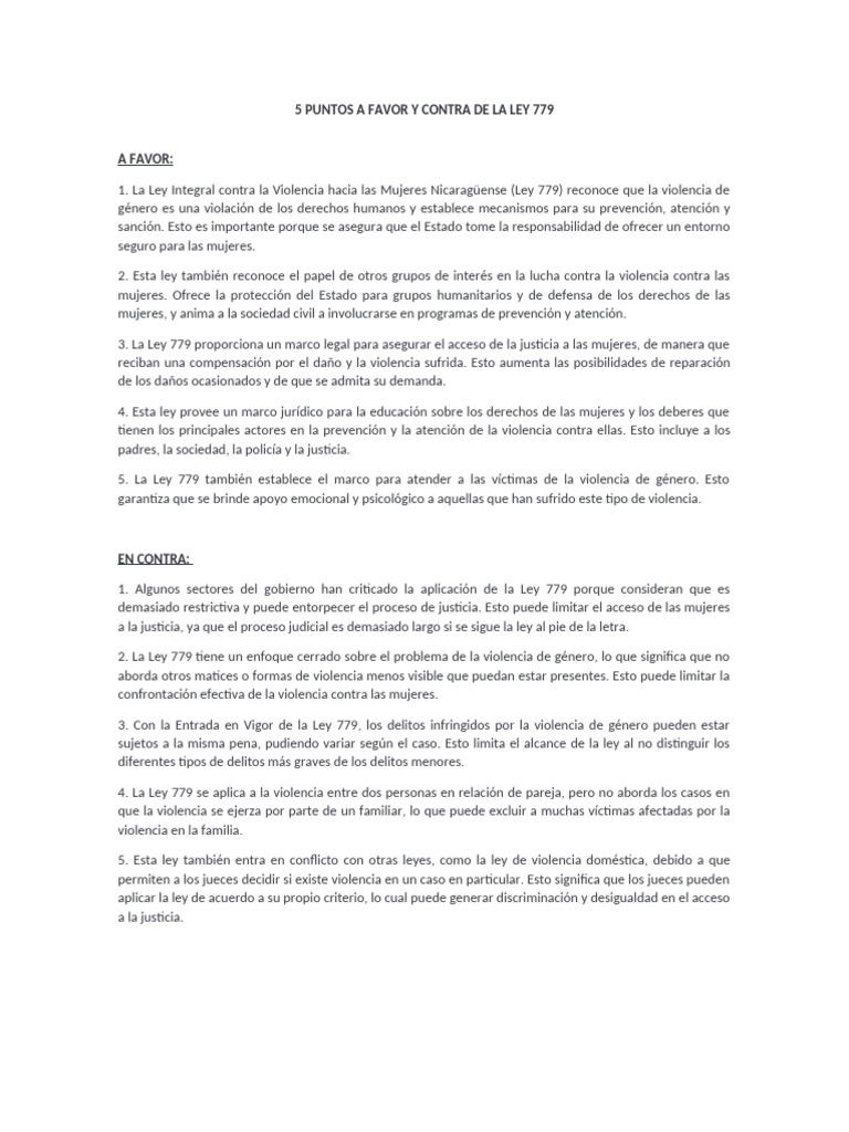 LEY 779 PUNTOS A FAVOR Y CONTRA-nicaragua | PDF | La violencia contra las mujeres | Violencia