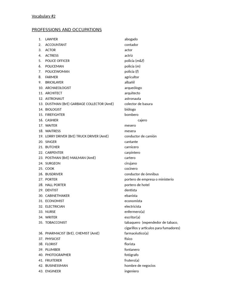 Professions Vocabulary List | PDF | Medicine | Health Care