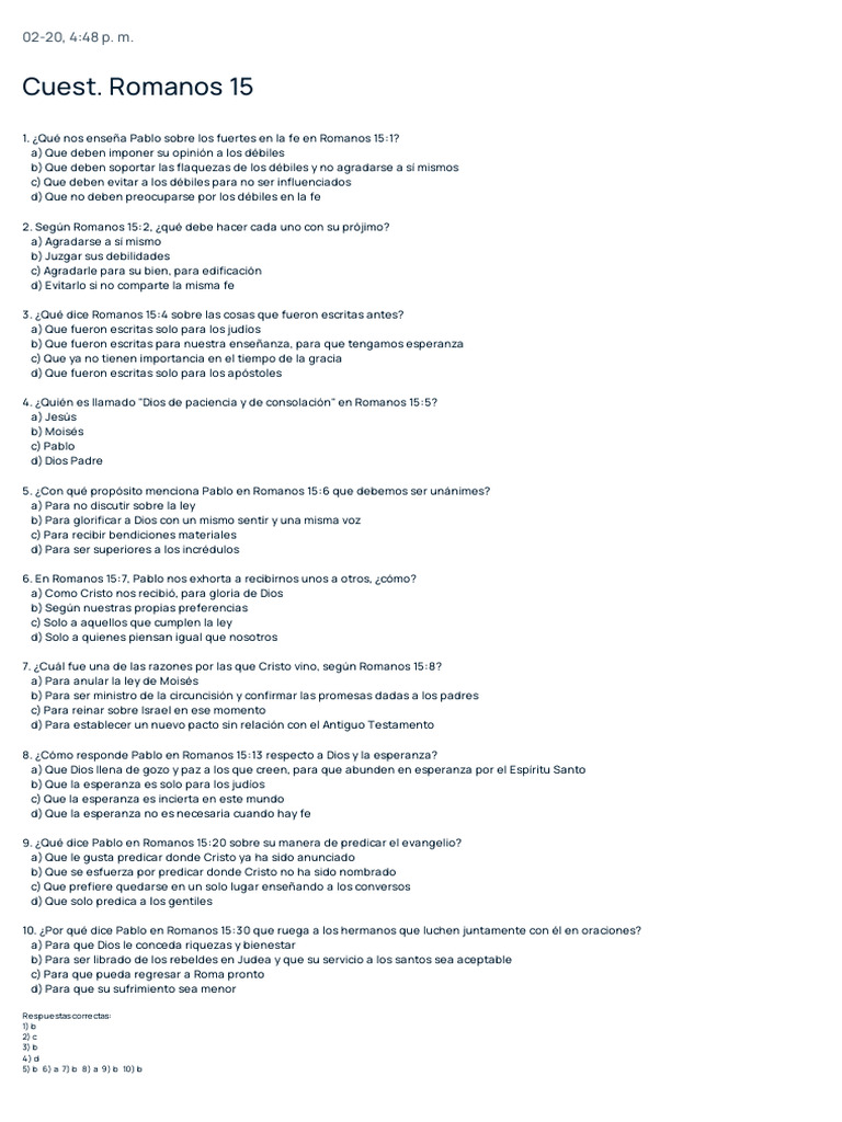 Cuest. Romanos Cap 15 | PDF | Epístola a los romanos | Pablo el apóstol