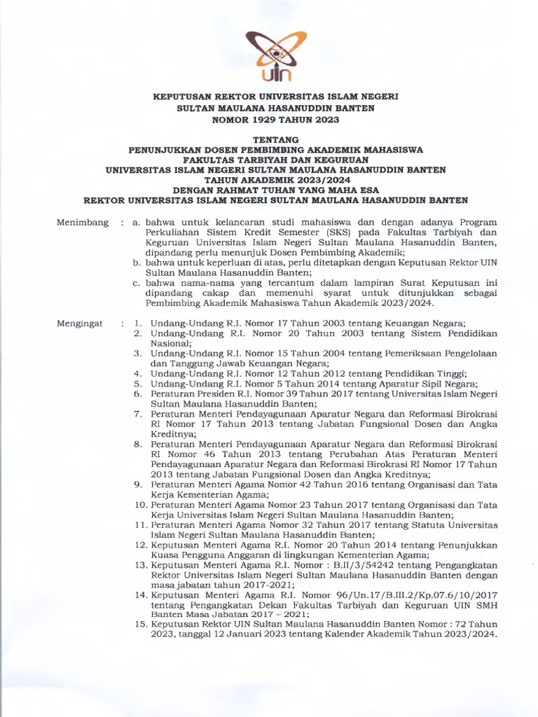 SK Pembimbing Akademik FTK 2023 2024 Stempel | PDF