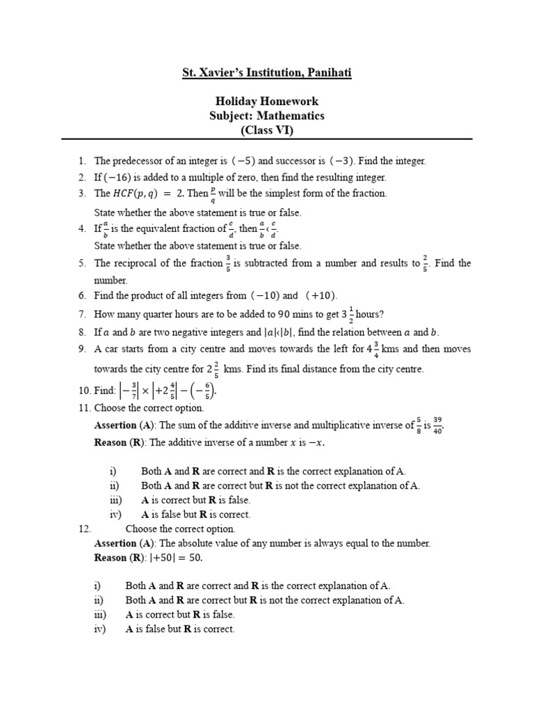 Holiday Homework Mathematics VI | PDF | Integer | Mathematical Concepts