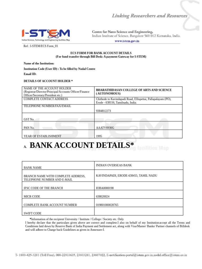 ECS Form for Bank Account Details | PDF | Banks | Payments