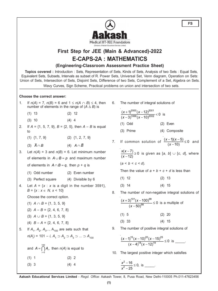 E-CAPS-2A - Class XI (FS) - Mathematics | PDF | Set (Mathematics) | Intersection (Set Theory)