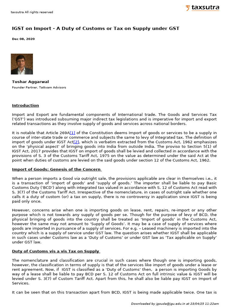 IGST On Import - A Duty of Customs or Tax On Supply Under GST | PDF ...
