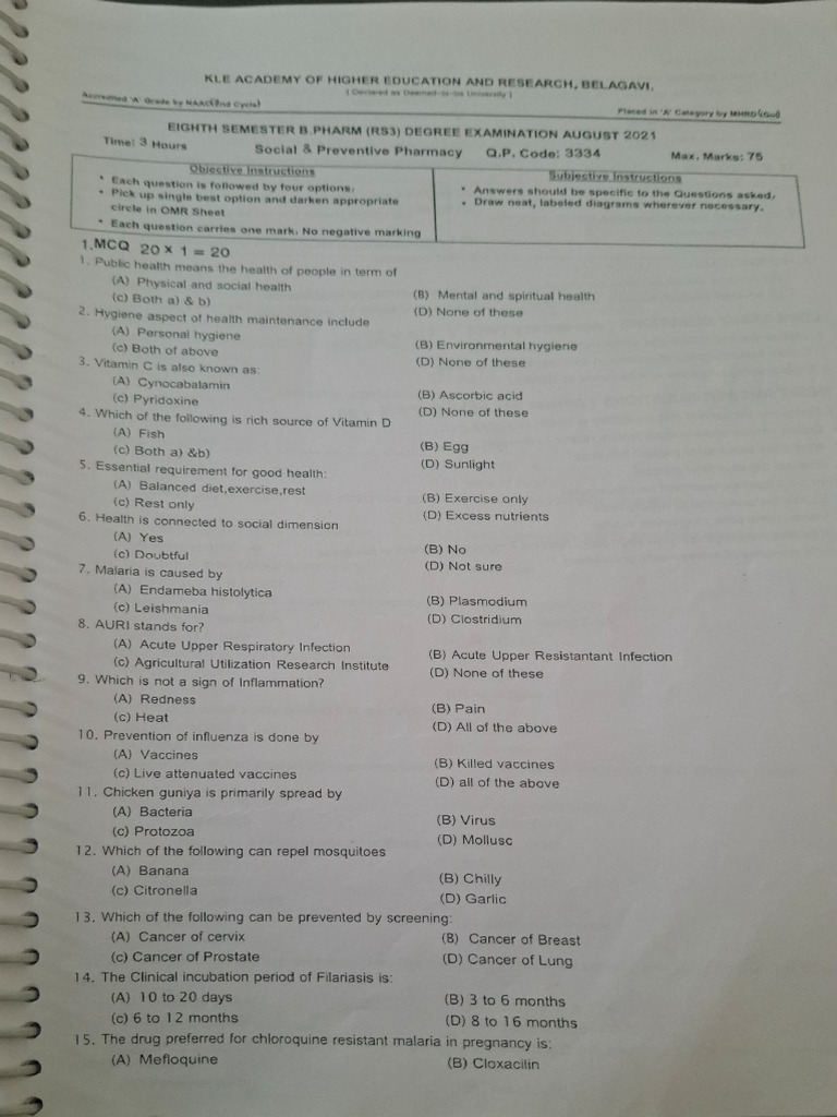 Social & Preventive Pharmacy Previous Year QP | PDF | World Health Organization | Vaccines