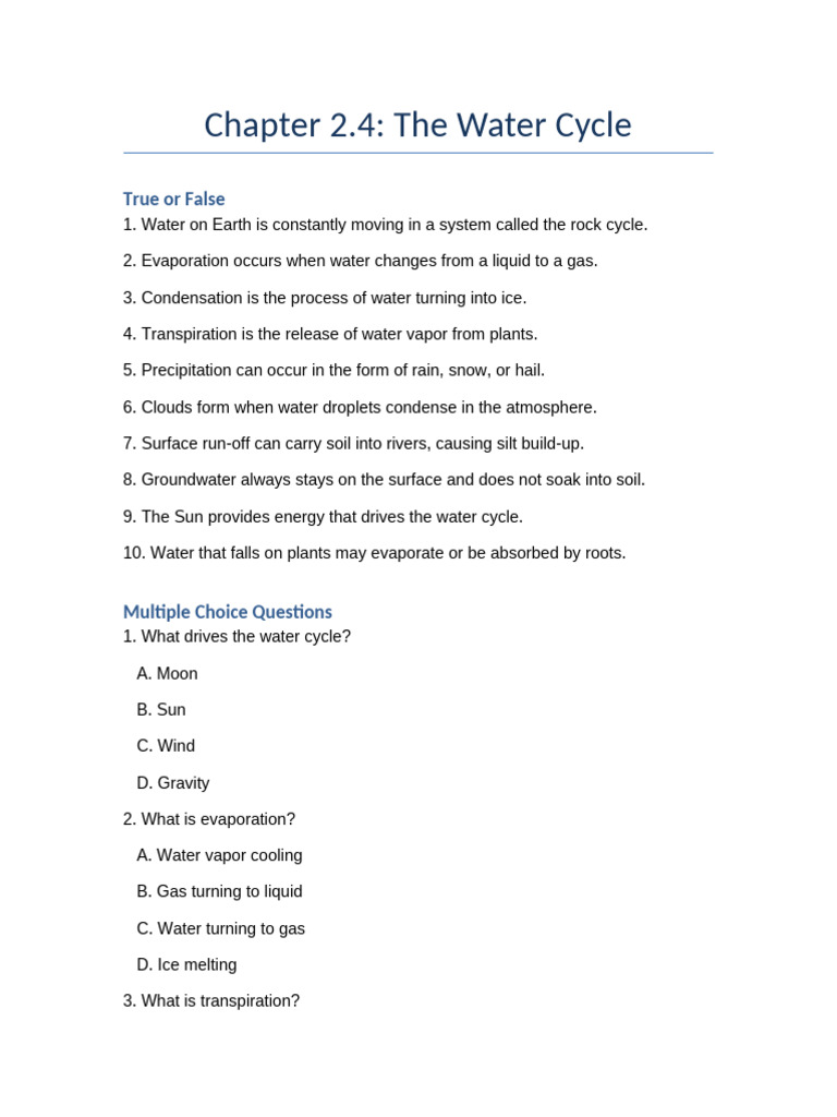2.4 Water Cycle Questions | PDF | Water | Water Cycle