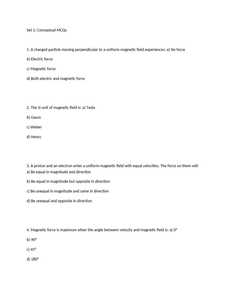 MCQ Moving Charge and Magnetism Set 1 | PDF