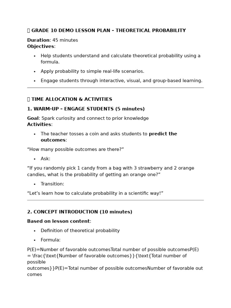 Suggestion - Grade 10 - Math Demo Lesson Plan | PDF | Probability | Sampling (Statistics)