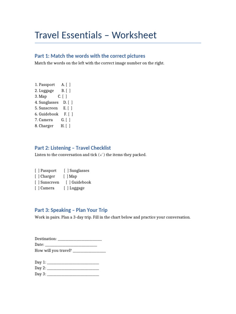 Travel Essentials Worksheet | PDF