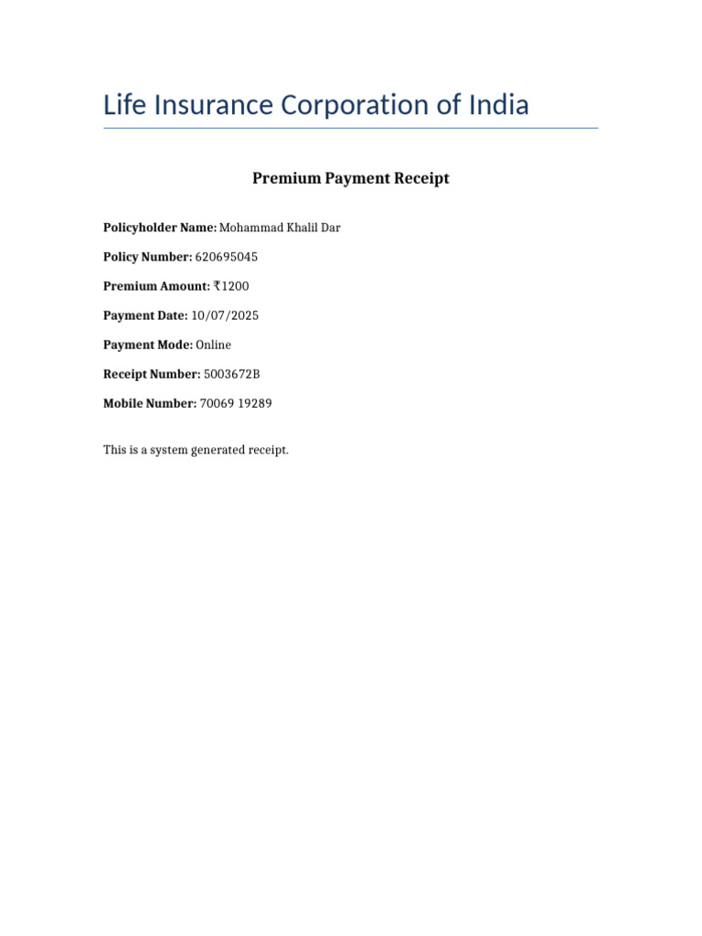 LIC Premium Receipt | PDF