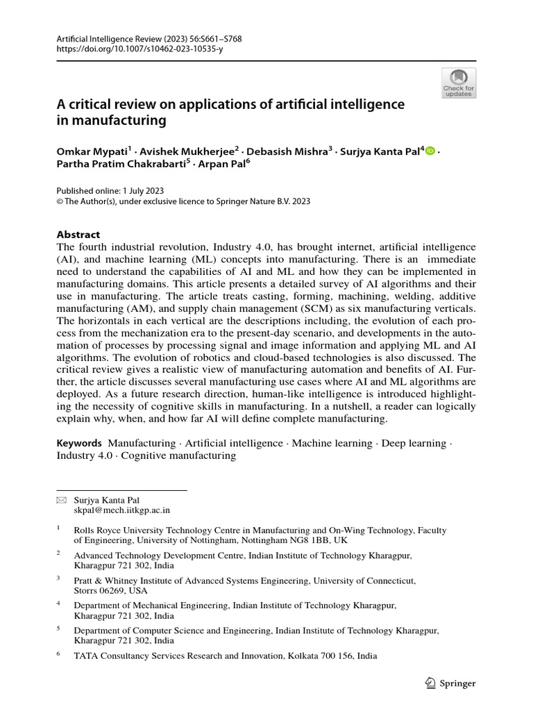 2023A Critical Review On Applications of Artificial Intelligence in Manufacturing | PDF ...