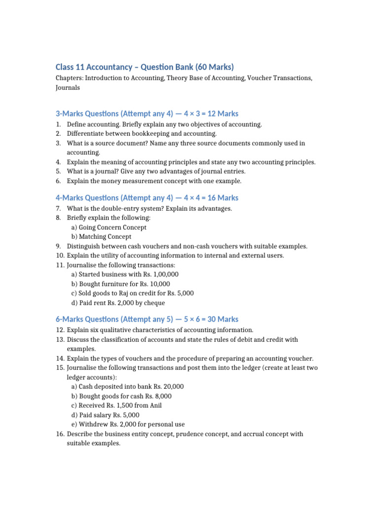 Class11 Accountancy 60marks Questions | PDF
