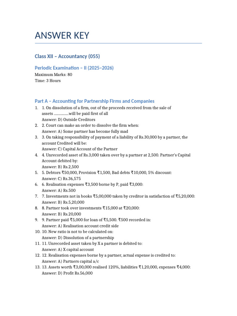 Class XII Accountancy Answer Key | PDF