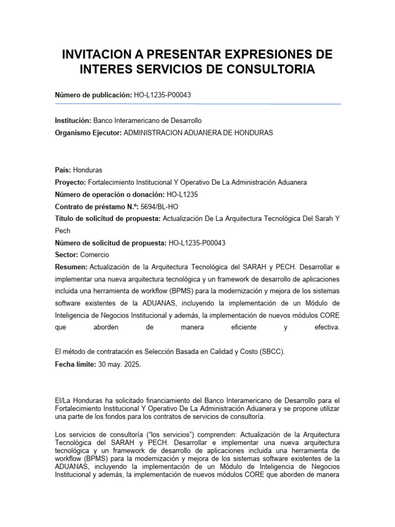 Aviso Expresion de Interes P00043 Aviso de Expresion de Interes SARAH PECH 14 de Mayo de 2025 ...
