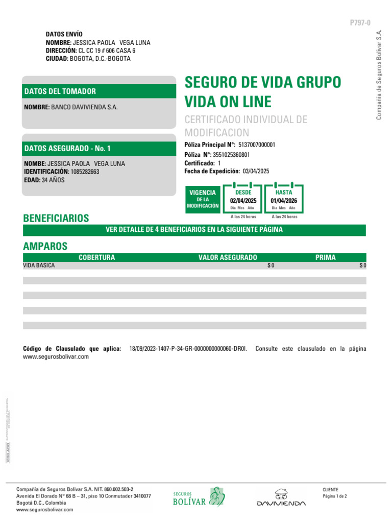 Póliza-Seguro - de Vida Grupo Vida On Line-3551025360801 | PDF | Póliza ...