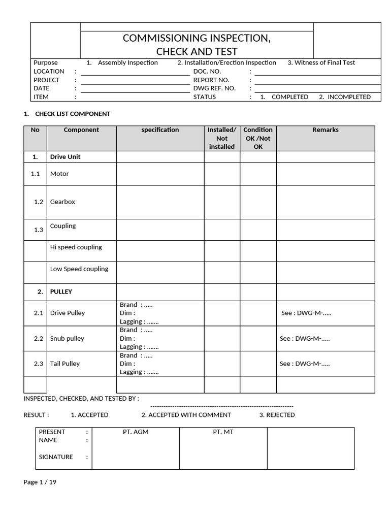 Commissioning Inspection Checklist | PDF | Belt (Mechanical ...