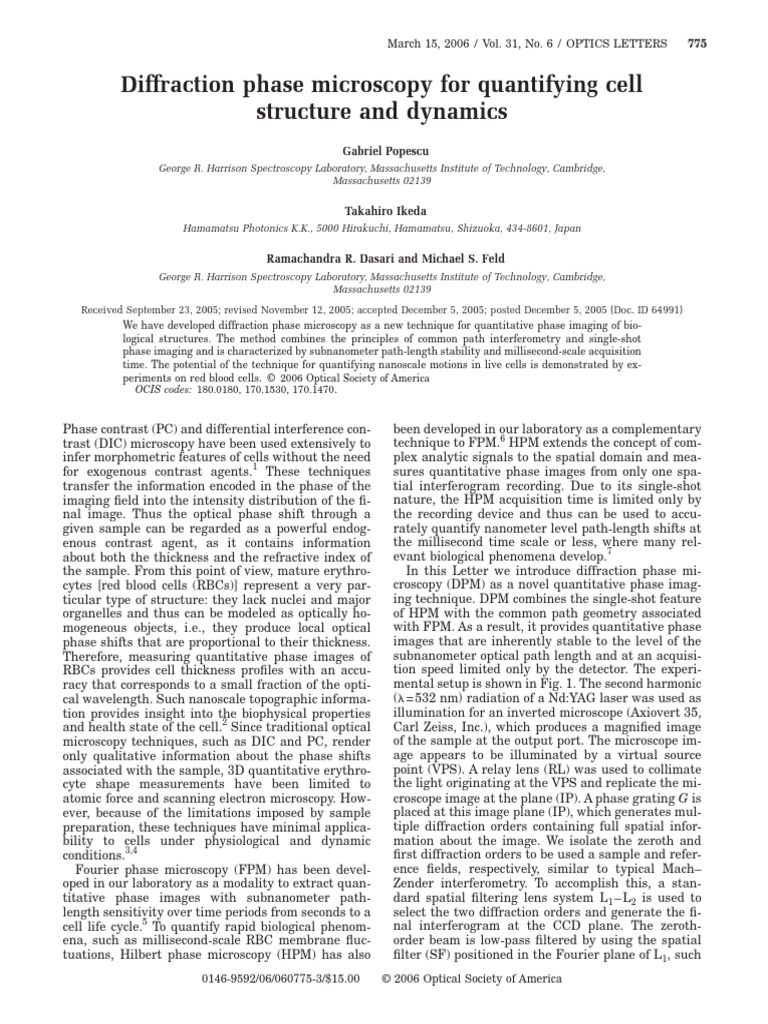 Diffraction Phase Microscopy for Cells | PDF | Microscopy | Optics