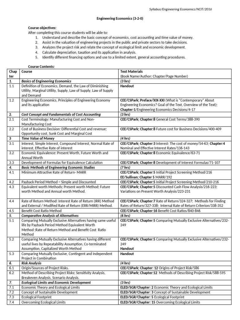 Engineering Economics Syllabus | PDF | Cost Of Capital | Depreciation