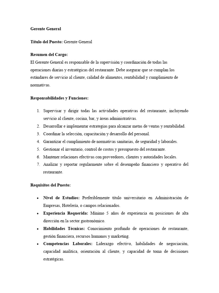 Gerente General de Restaurante: Funciones y Requisitos | PDF