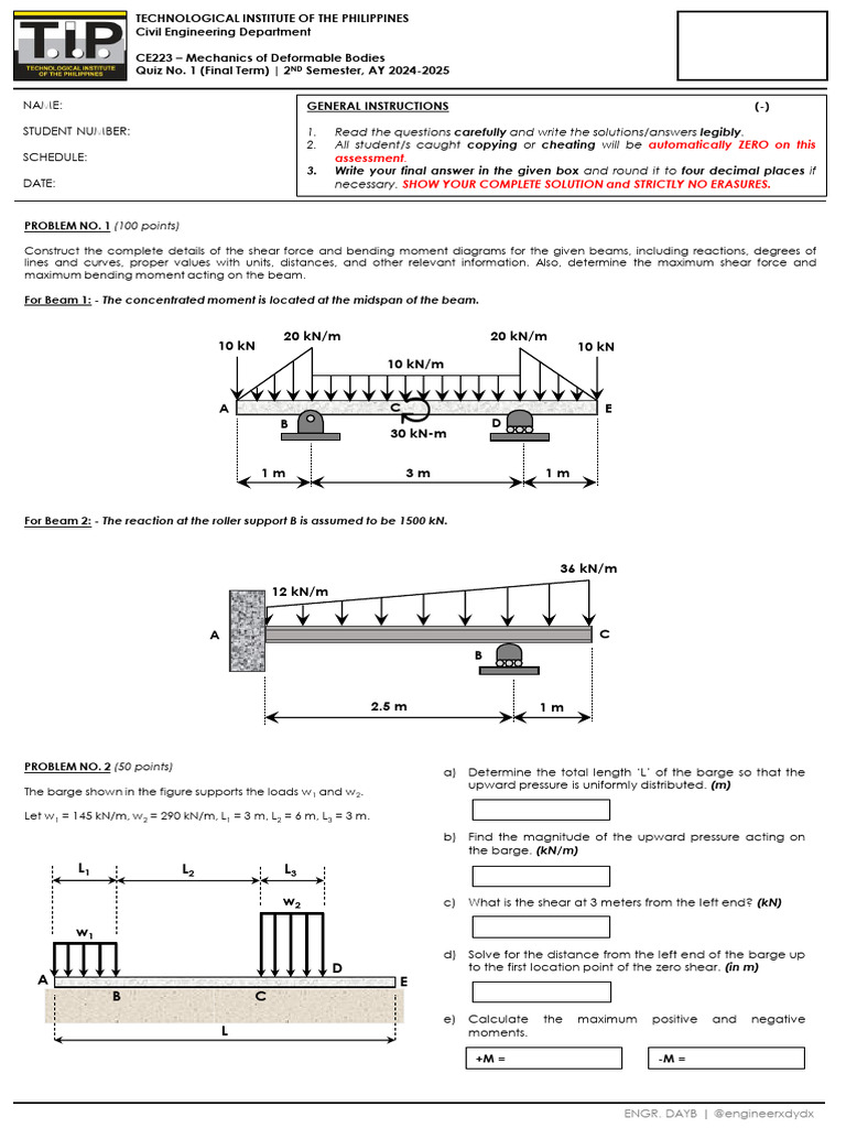 Ce223 - Mechdb - Quiz No. 1 (Final Term) | PDF | Bending | Beam (Structure)