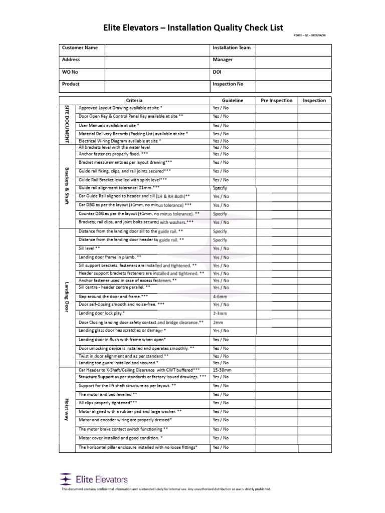 Elite Quality Inspection Checklist | PDF | Door | Manufactured Goods