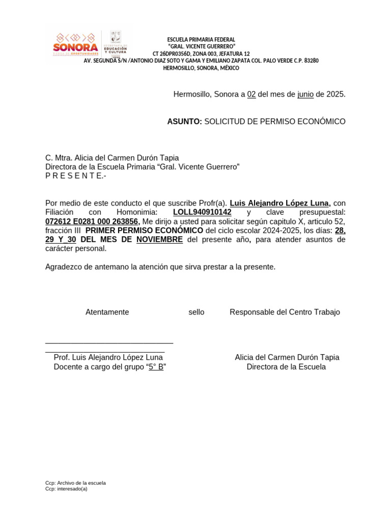 Solicitud de Permiso Económico Oct 2024 | PDF