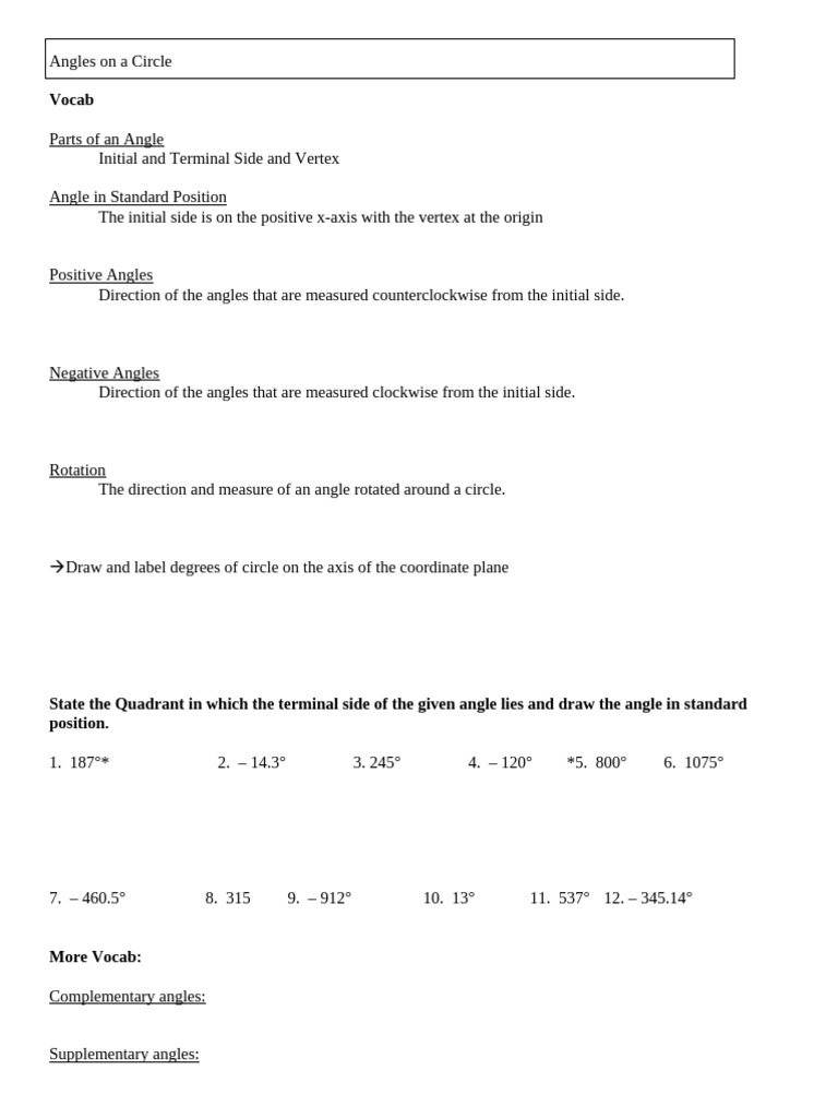 Notes Radians Degrees Coterminal and Reference Angle | PDF | Angle | Circle