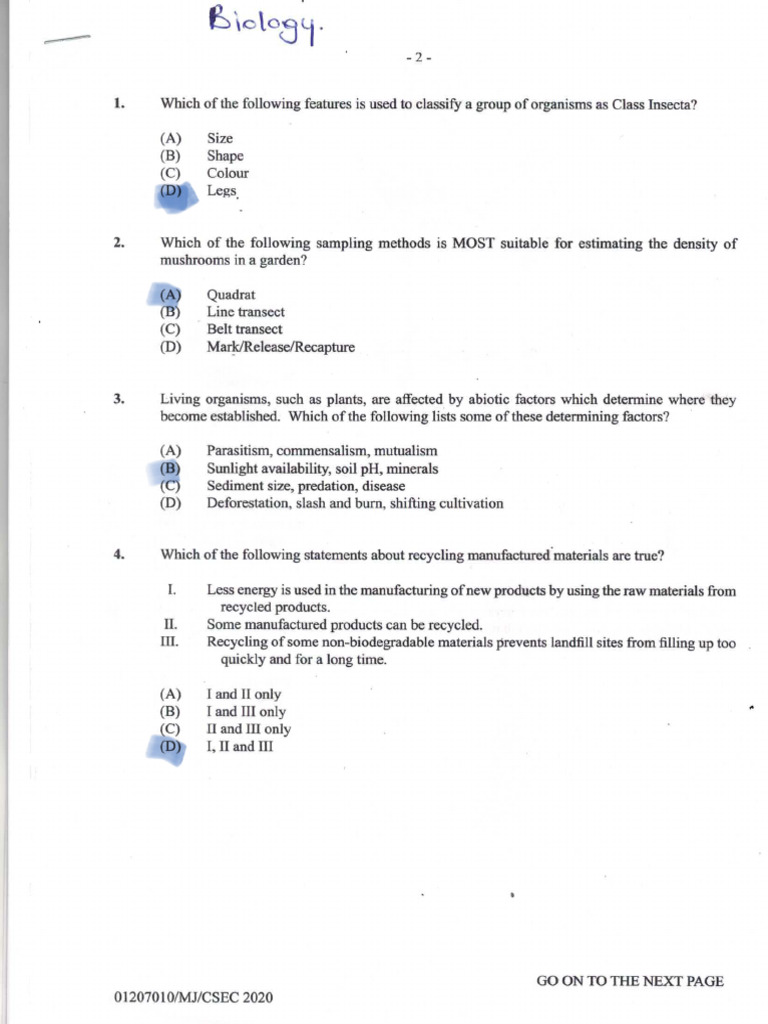 CSEC Biology July 2020 P 1 | PDF